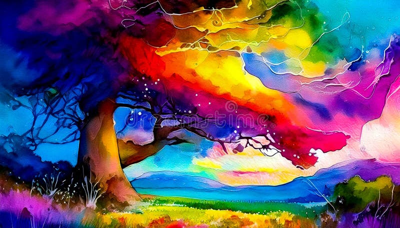 An Artistic Concept Sketch Landscape Featuring a Big Colourful Tree ...