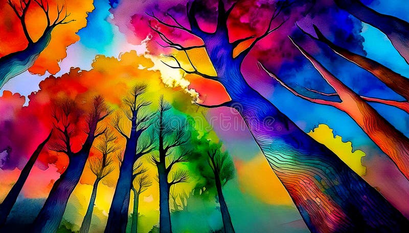 An Artistic Concept Sketch Landscape Featuring Big Colourful Trees ...
