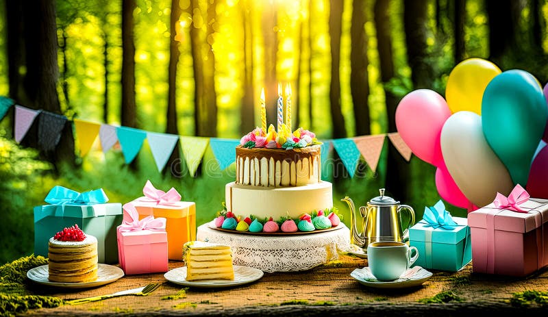 An Artistic Generated Image of a Birthday Cake Set Up in a Forest ...