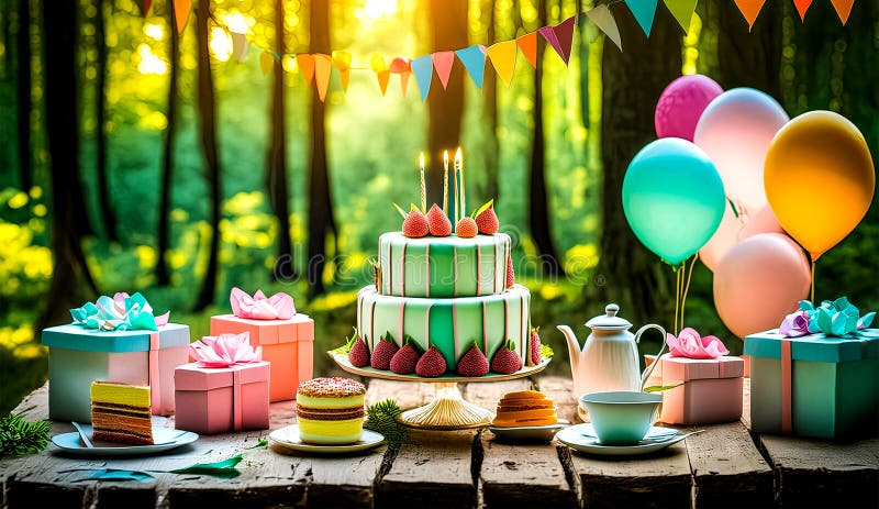 An Artistic Generated Image of a Birthday Cake Set Up in a Forest ...