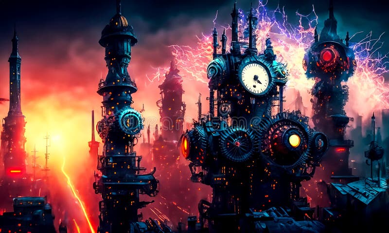Fantasy Industrial City Scene with Clock Towers, Gears and Mechanisms ...