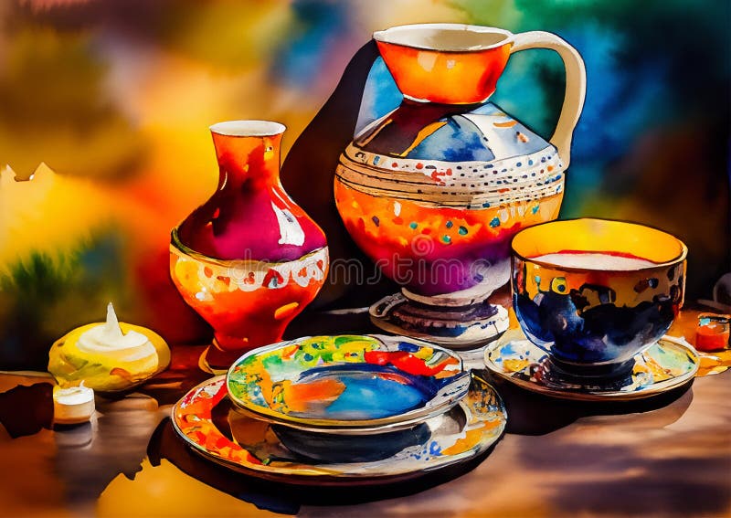 An Artistic Generated Image of a Tabletop Set with Colourful Ceramics ...