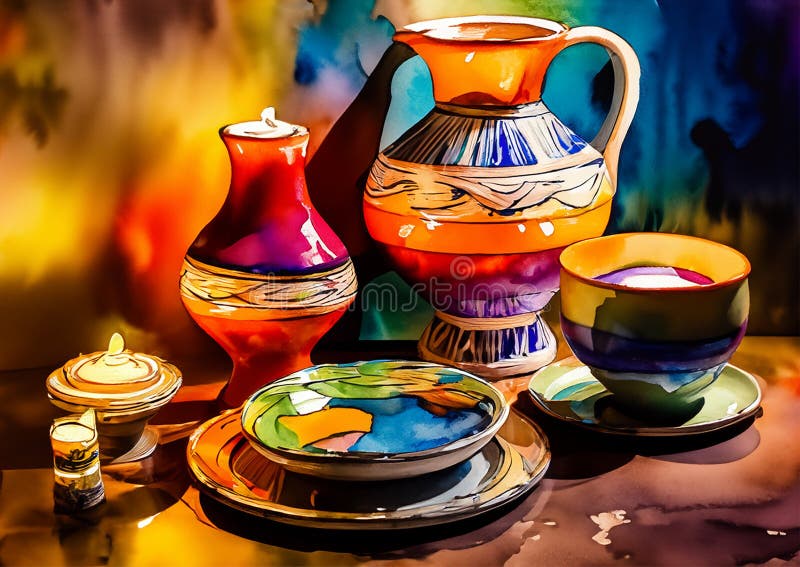 An Artistic Generated Image of a Tabletop Set with Colourful Ceramics ...