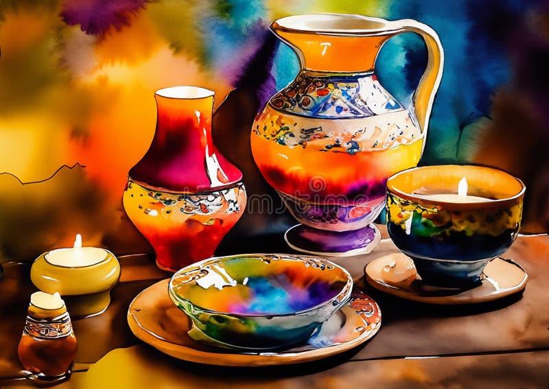 An Artistic Generated Image of a Tabletop Set with Colourful Ceramics ...