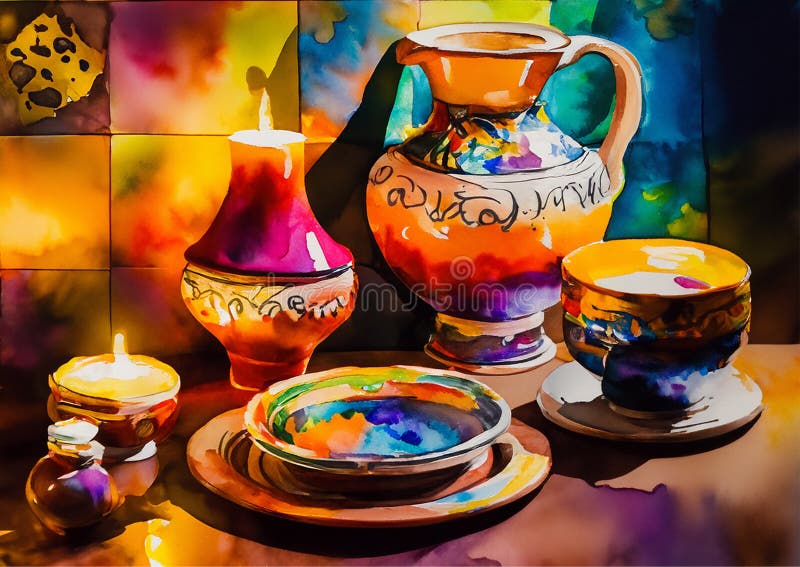 An Artistic Generated Image of a Tabletop Set with Colourful Ceramics ...