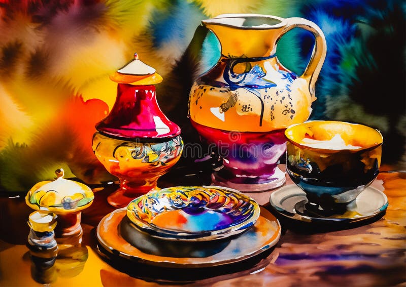 An Artistic Generated Image of a Tabletop Set with Colourful Ceramics ...