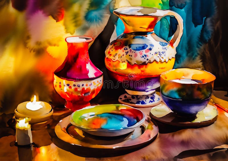 An Artistic Generated Image of a Tabletop Set with Colourful Ceramics ...
