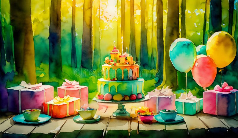 An Artistic Generated Image of a Birthday Cake Set Up in a Forest ...