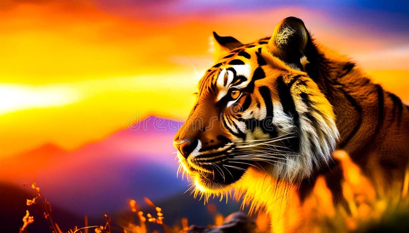 An Artistic Image of a Tiger in the Mountains at the End of the Day As ...