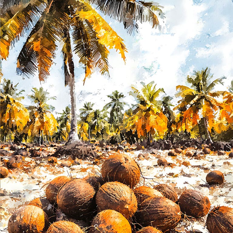 Artistic Impression of Coconuts and Palm Trees on a Tropical Beach ...
