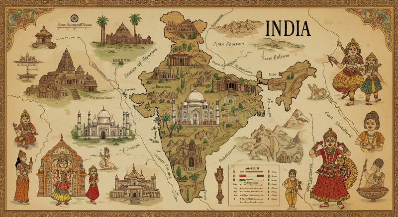 Artistic India Map with Cultural and Historical Elements Stock ...