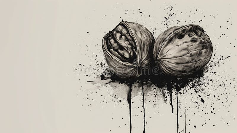 Artistic Ink Sketch of Two Walnuts, Dramatic Stock Illustration ...
