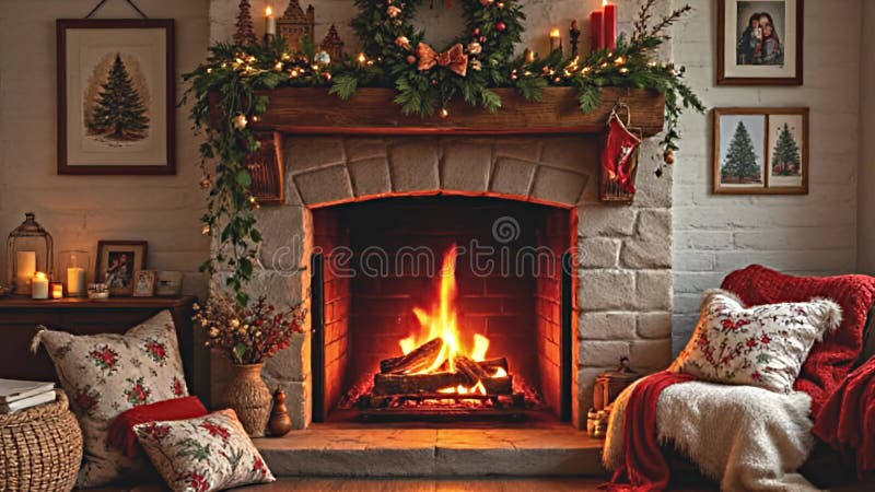 Artistic Interpretation of a Cozy Fireplace Scene, Radiant Reddish Fire ...