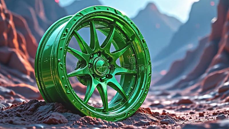 An Artistic Interpretation of a 3D Metallic Green Wheel, Rotating in a ...