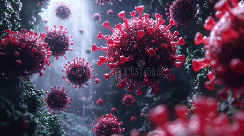 Detailed Close-up of Red Virus Molecules in a Microscopic Environment ...