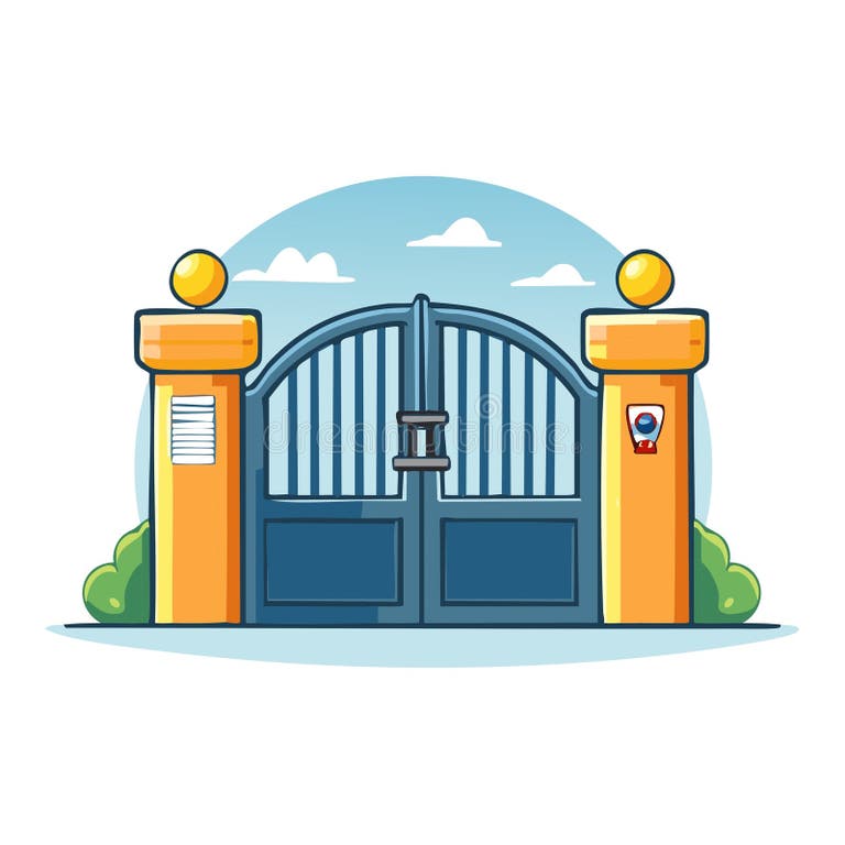 Artistic Iron Gate with Arched Design and Security Features, with Orange Pillars and Spherical ...