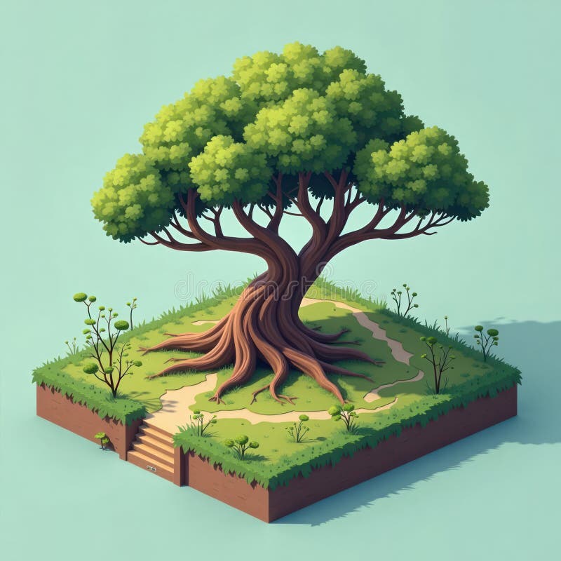 Artistic Isometric Illustration of Large Tree with Detailed Branches ...