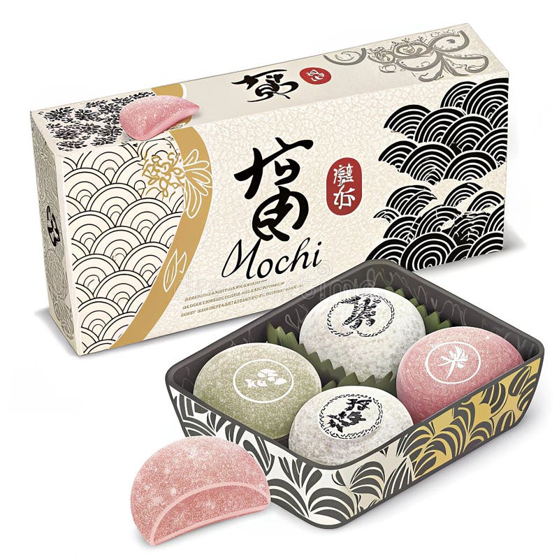 Artistic Japanese Mochi Packaging with Calligraphy Elements Stock ...