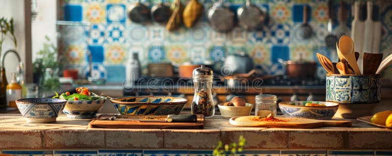 Artistic Kitchen Podium Background with Colorful, Hand-painted Tiles ...