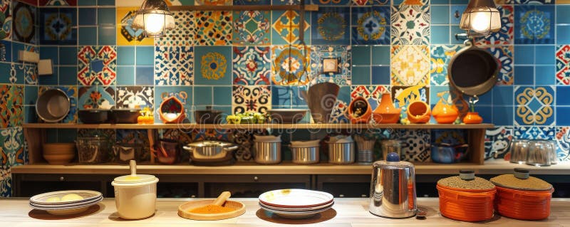 Artistic Kitchen Podium Background with Colorful, Hand-painted Tiles ...