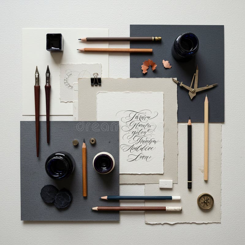 Artistic Layout of Calligraphy Tools on Neutral Backing. Includes Ink ...