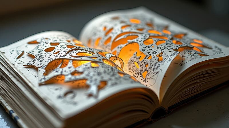 Artistic Leaf Cutouts Illuminate Open Book with Warm Light Stock ...