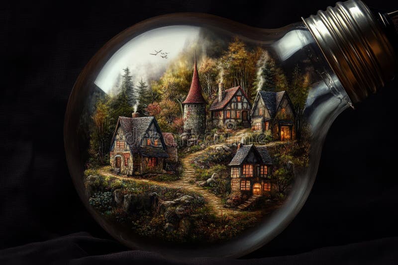An Artistic Light Bulb Containing a Charming Village Scene, Highlighted ...
