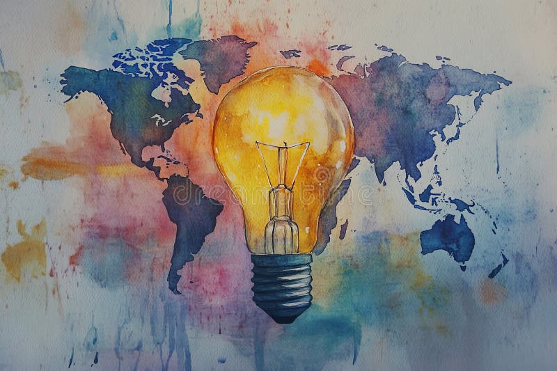 Artistic Light Bulb with World Map Watercolor Background Concept Stock ...