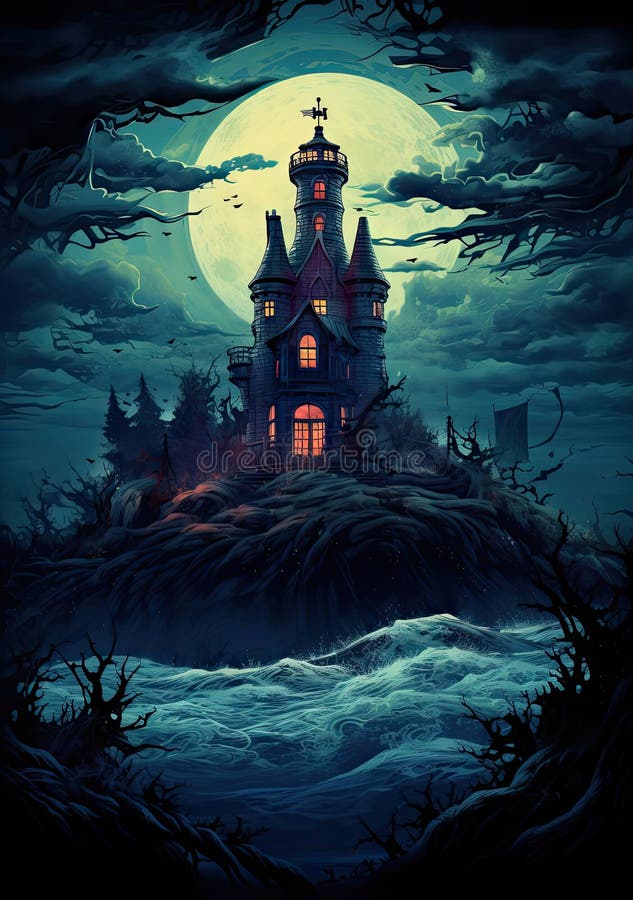 Artistic Lighthouse Building with Waves Moon Clouds Stock Photo - Image ...