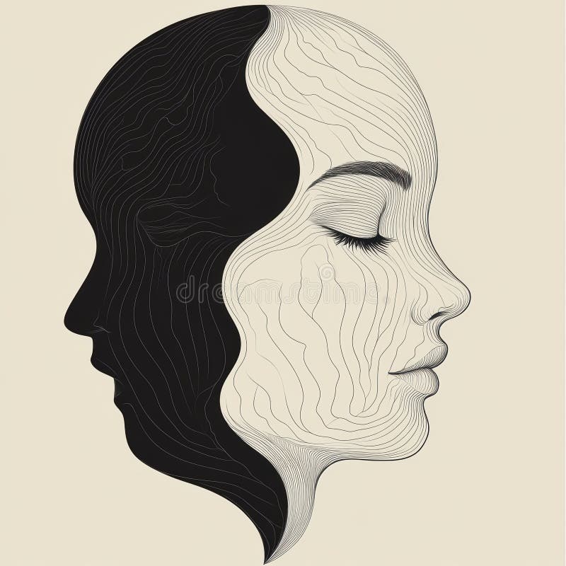 Artistic Line Drawing of Two Faces Merging in Black and White Stock ...