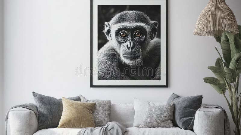 Artistic Living Room Decoration Featuring Monkey Portrait. Stock Photo ...