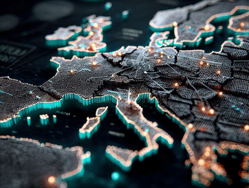 An Artistic Map of Europe on a Circuit Board Backdrop, Symbolizing ...