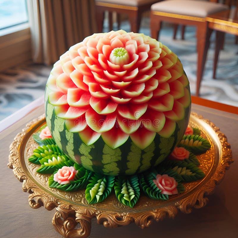 Artistic Watermelon Display: Intricately Carved Delight. Stock ...