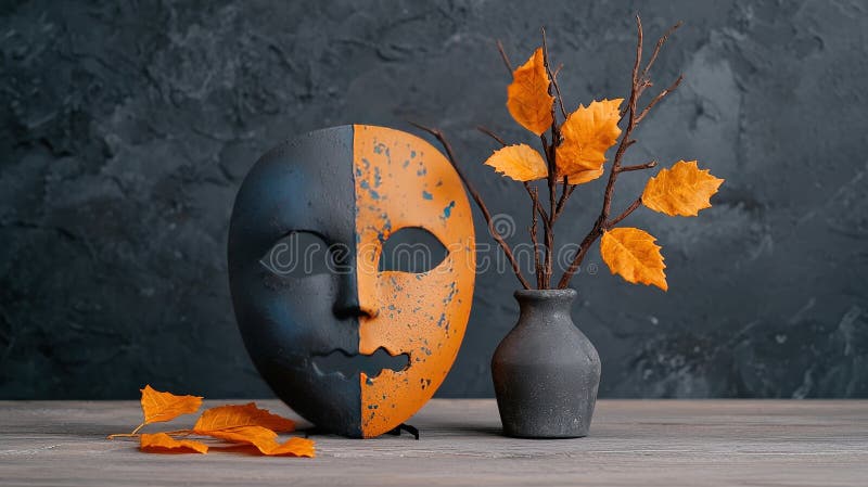 Artistic Mask with Autumn Leaves in a Vase on a Textured Background ...