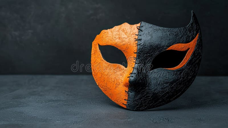 Artistic Mask with Orange and Black Design on a Textured Surface Stock ...