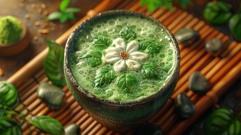 Artistic Matcha Tea with Floral Design in a Rustic Setting - Generative ...