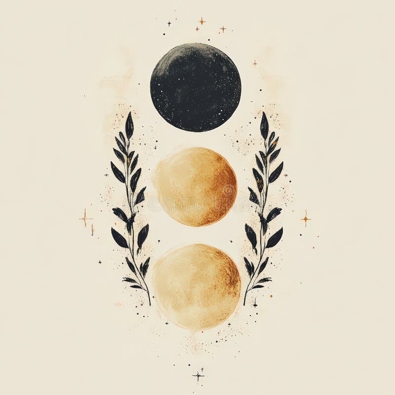 Artistic Moon Phases with Floral Elements on Beige Background Stock ...