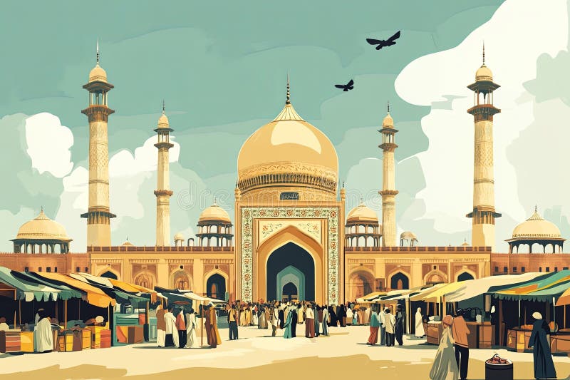 Artistic Mosque Illustration Featuring Geometric Patterns and Vibrant ...