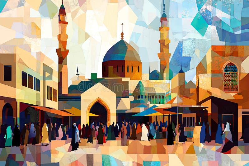 Artistic Mosque Illustration with Geometric Patterns and Vibrant Colors ...
