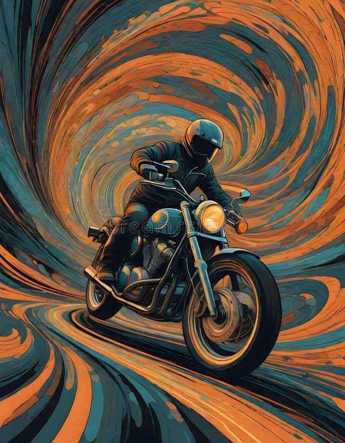 Artistic Motorcycle Rider in Motion, Surrounded by Swirling Patterns of ...