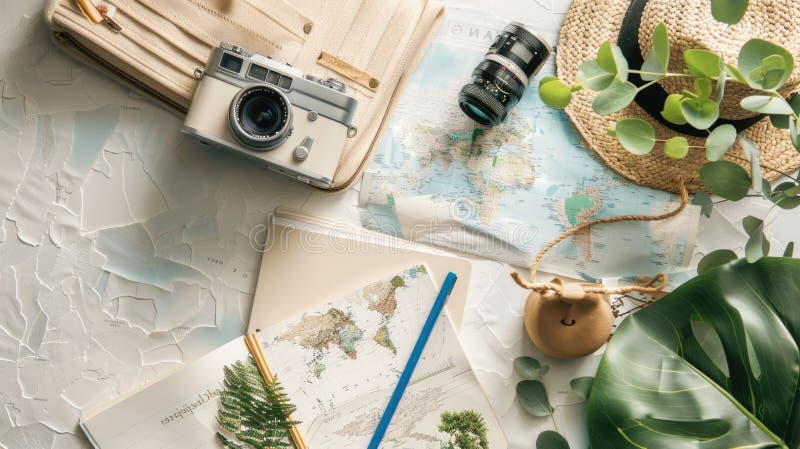 Artistic Objects Like a Backpack, Hat, Camera, Book, and Map Arranged ...