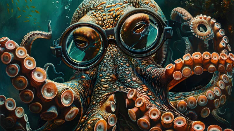 Artistic Octopus with Glasses Painting Underwater Stock Illustration ...