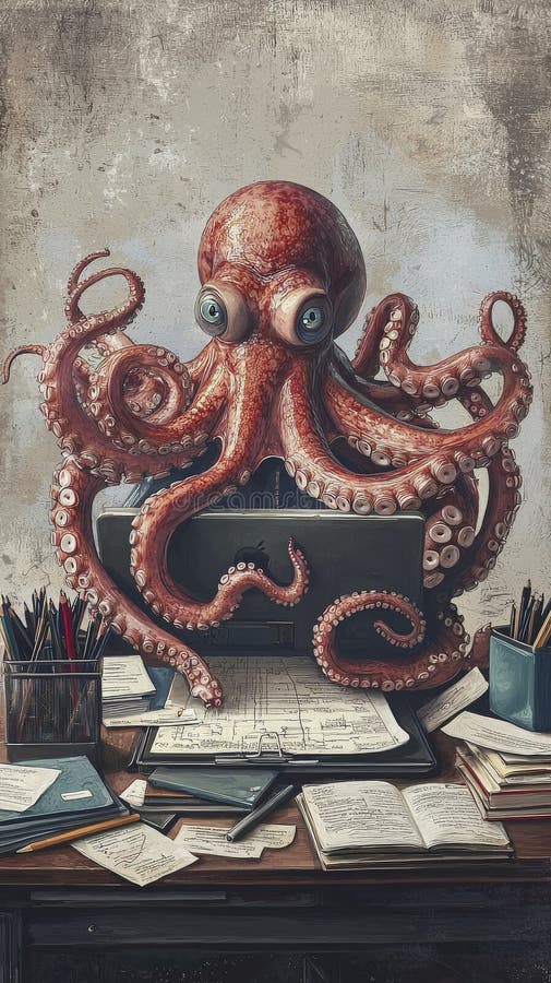 Artistic Octopus with Tentacles Spread Over Office Desk Stock ...