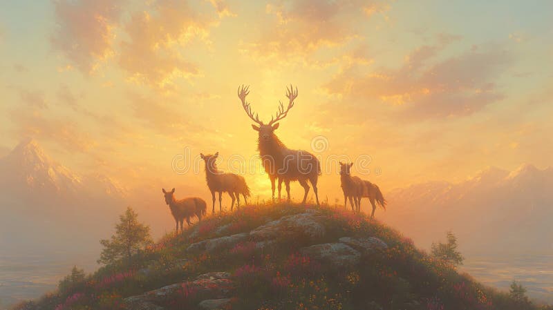 Artistic Oil Painting of Blooming Fields and Wildlife in Spring Stock ...