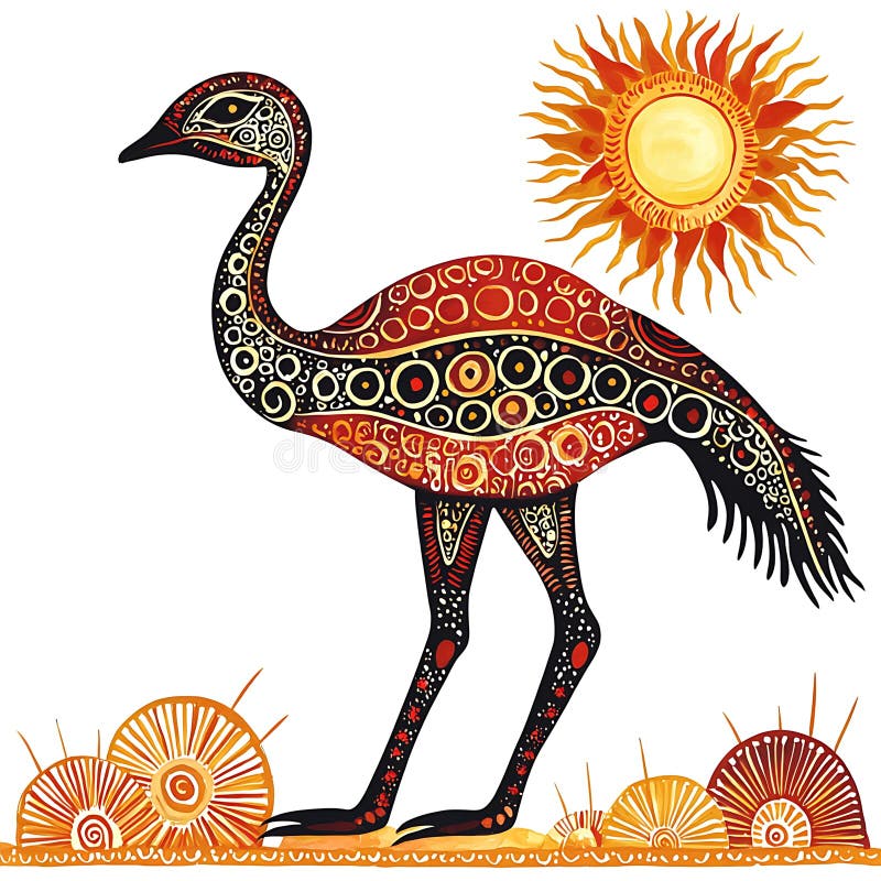 Artistic Ostrich Standing Under a Stylized Sun in Traditional Patterns ...