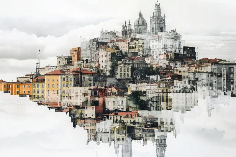 Artistic Overlapping Cityscape with Historic Structures and Reflection ...