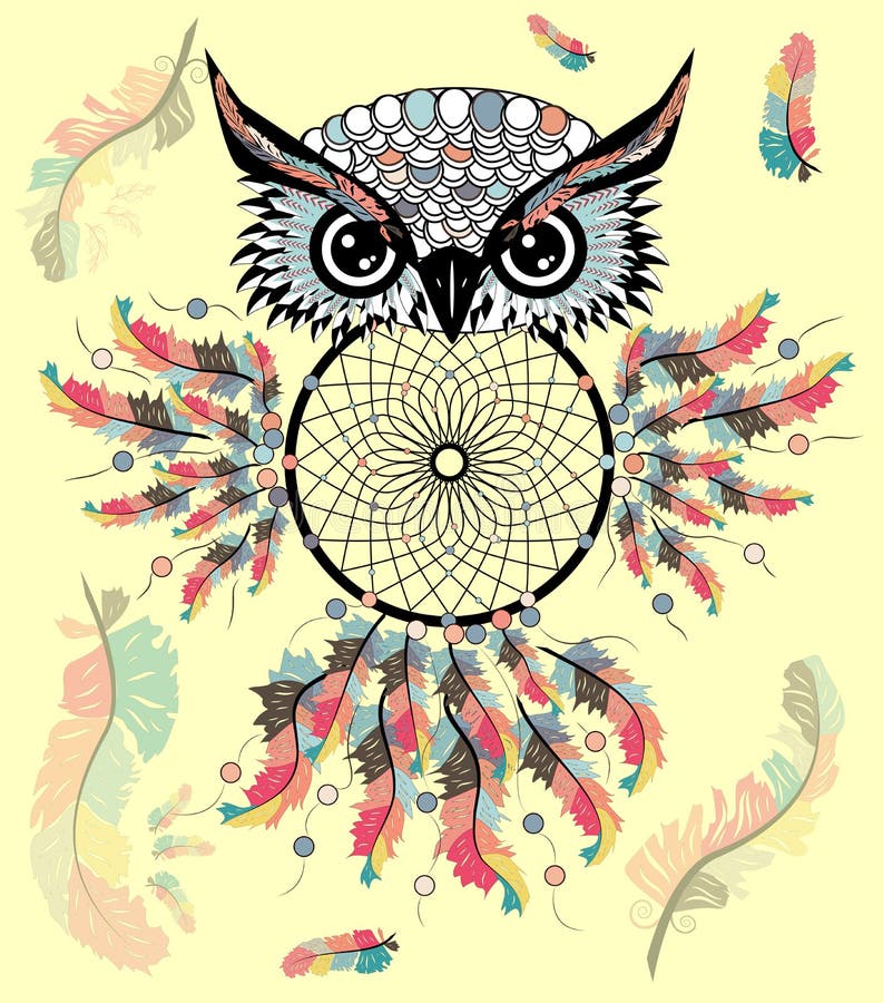 Artistic Owl with Dreamcatcher. Graphic Arts, Dotwork Stock ...