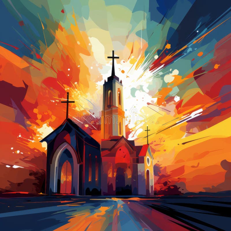 An Artistic Painting of a Church at Sunset Stock Illustration ...