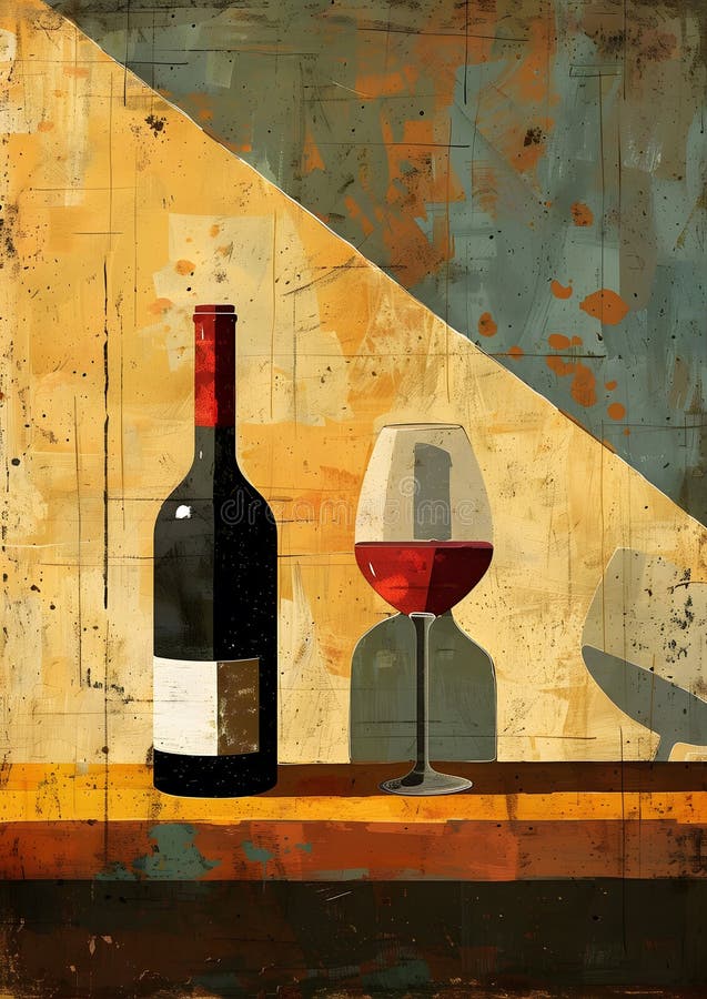 Artistic Painting of a Glass of Wine Next To a Bottle on a Rectangular ...