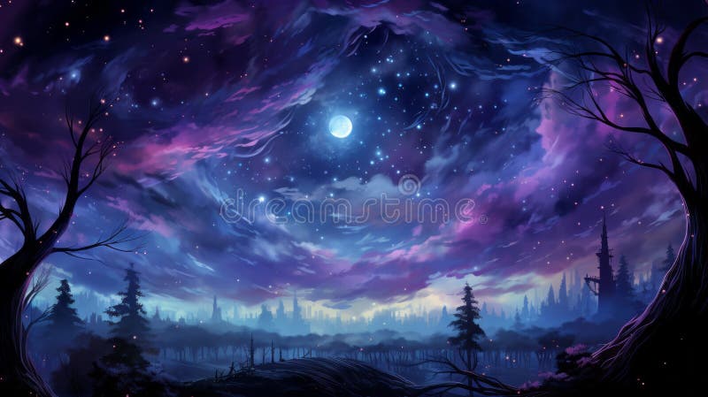 An Artistic Painting of a Night Sky with Trees and Stars Stock ...